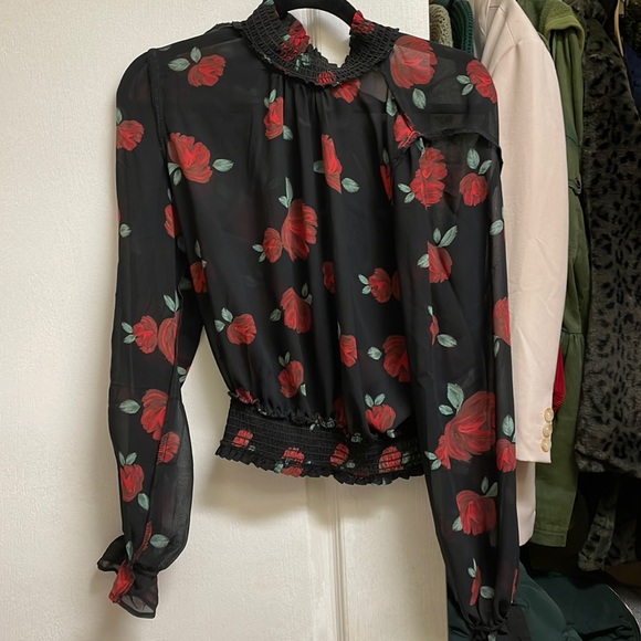 Tops | Sheer Black With Red Rose Top | Poshmark